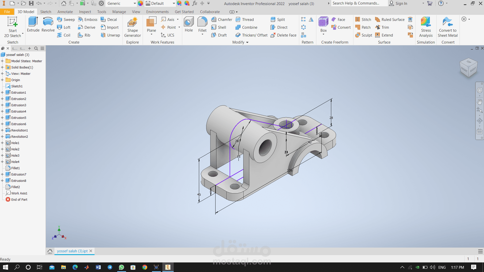 رسم جزء ميكانيكي علي autodesk inventor | مستقل