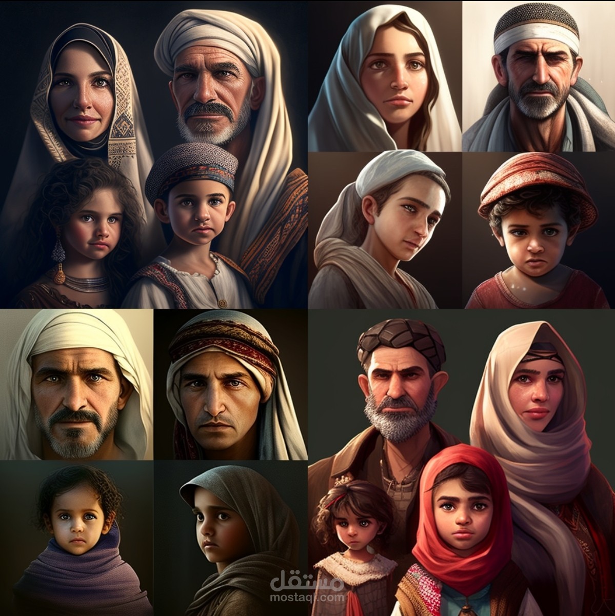 Drawing and designing 4 Arab characters, consisting of a father, a ...