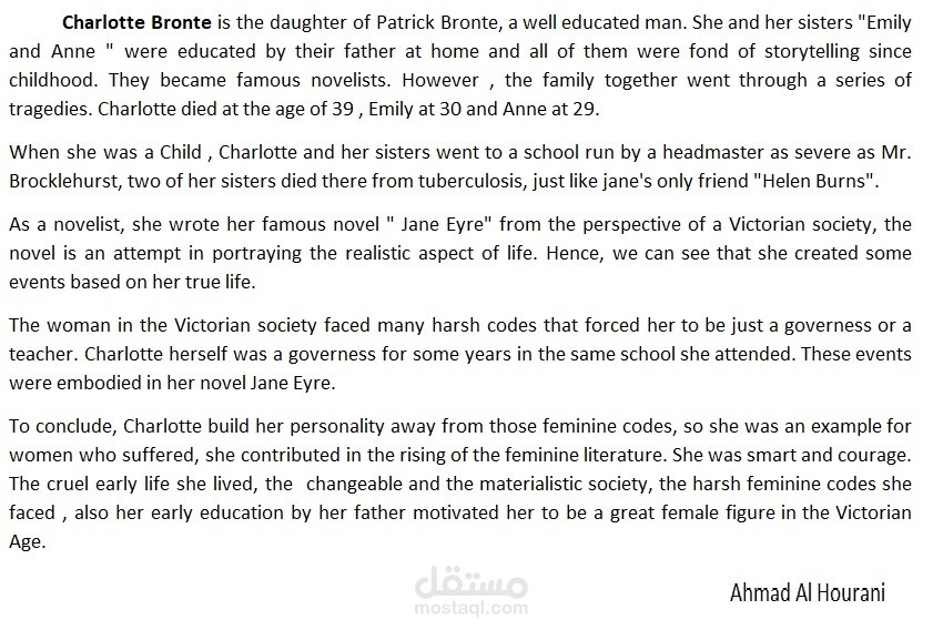 Charlotte Bronte "A great female figure in the Victorian Age" A short ...