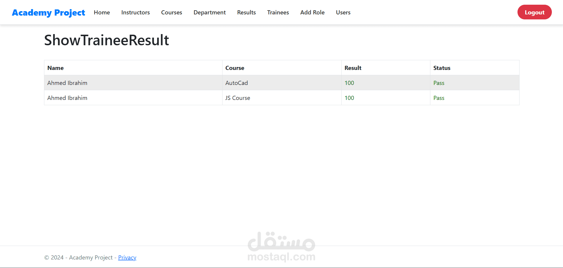 Academy Management System – ASP.NET MVC | مستقل