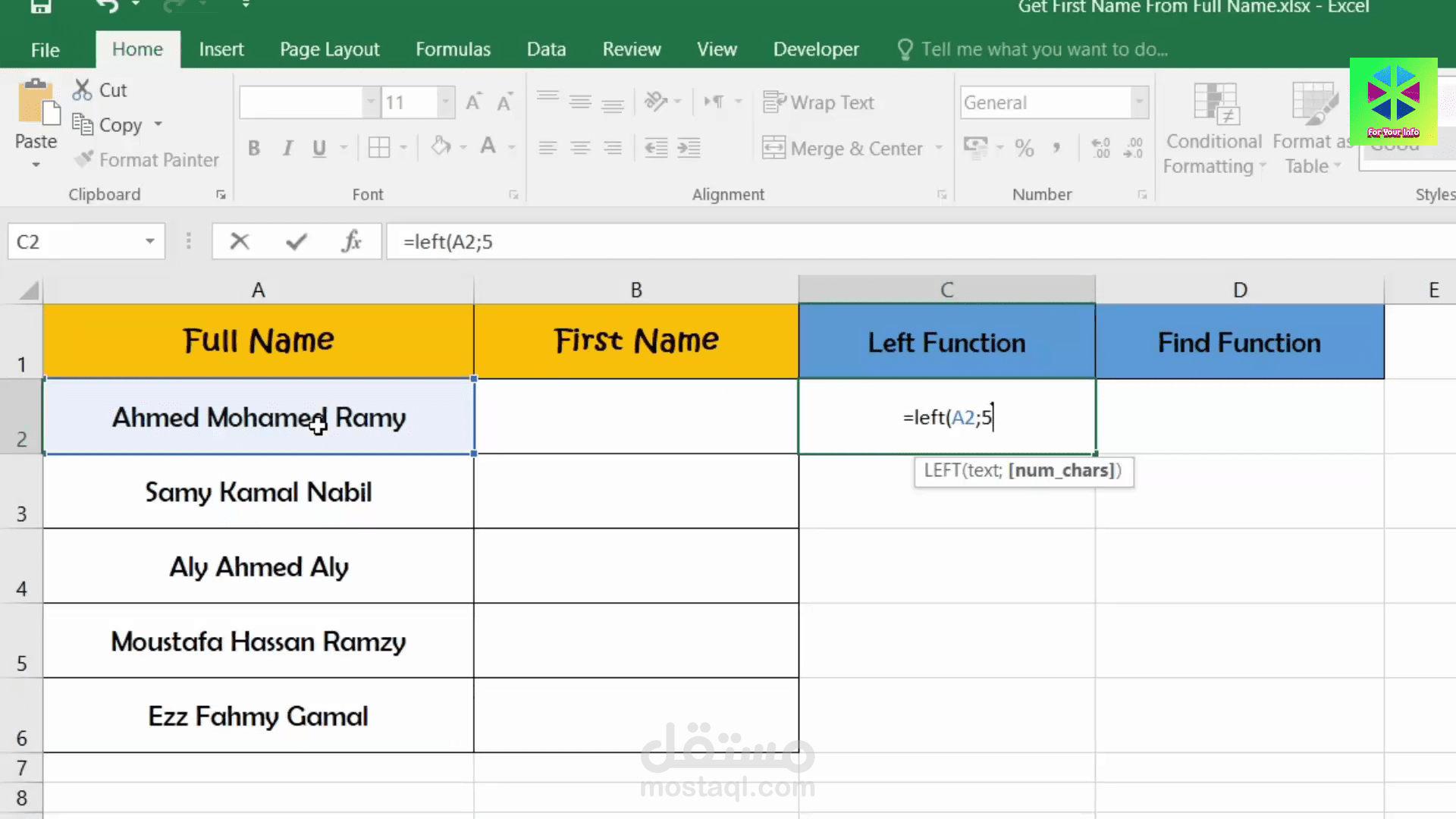 معادلة استخراج الاسم الاول من الاسم الكامل - Get First Name From Full ...