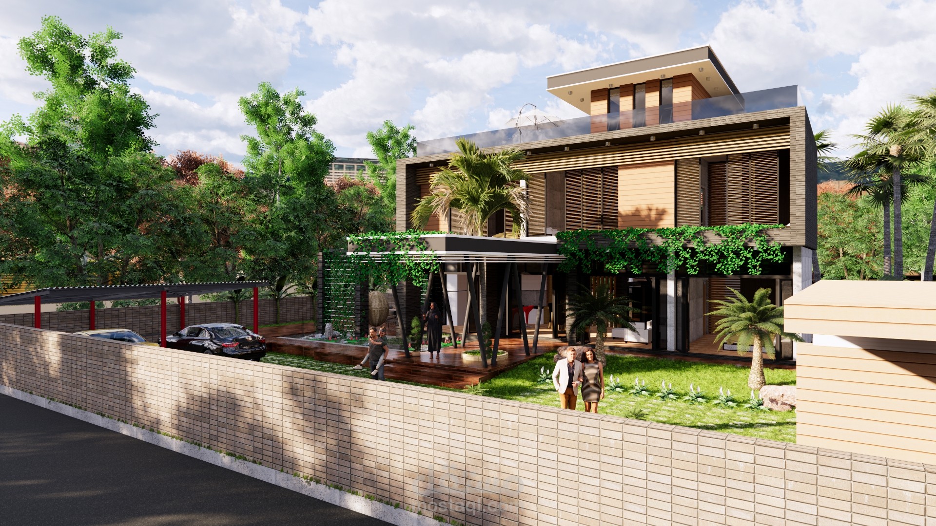 تصميم واجهات فييلا بحمام سباحه وحديقة بالسعودية | مستقل