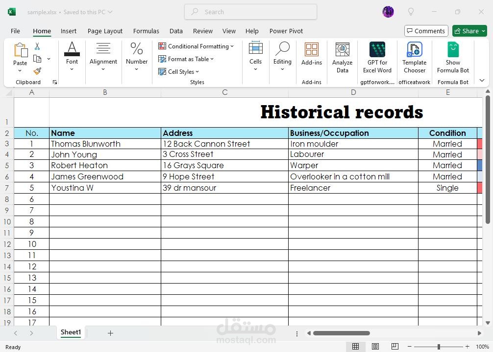 Historical records transcribed from pdf to excel | مستقل