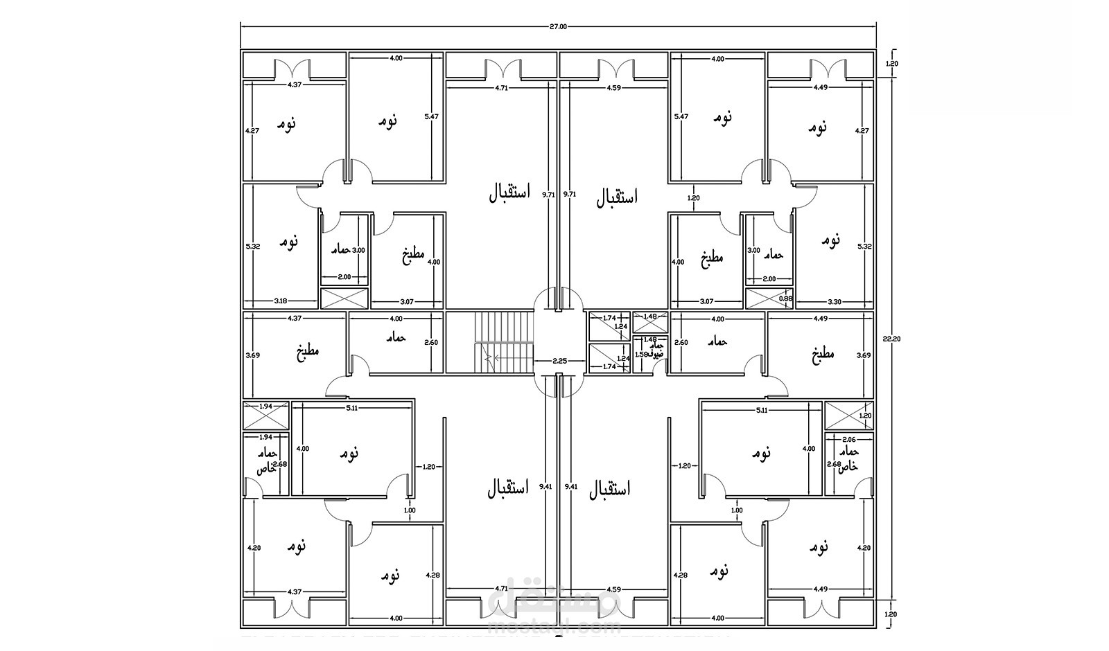 تصميم طابق مكون من اربعة شقق فى الدور بأستخدام الاوتوكاد مستقل