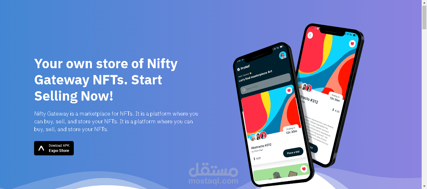 NFT Marketplace (React Native app + React Landing Page) | مستقل NFT Marketplace (React Native app + React Landing Page) | مستقل