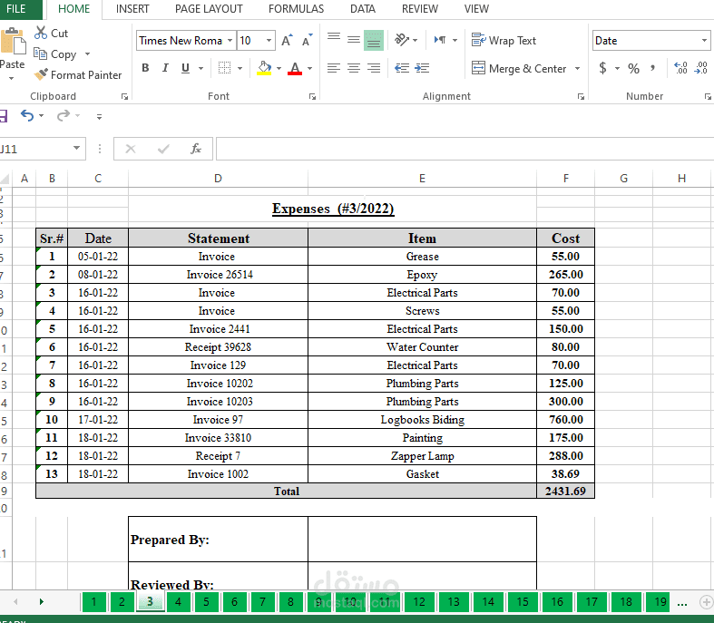 Sample of Excel worksheet | مستقل