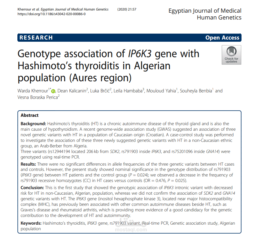 Genotype association of IP6K3 gene with Hashimoto’s thyroiditis in ...