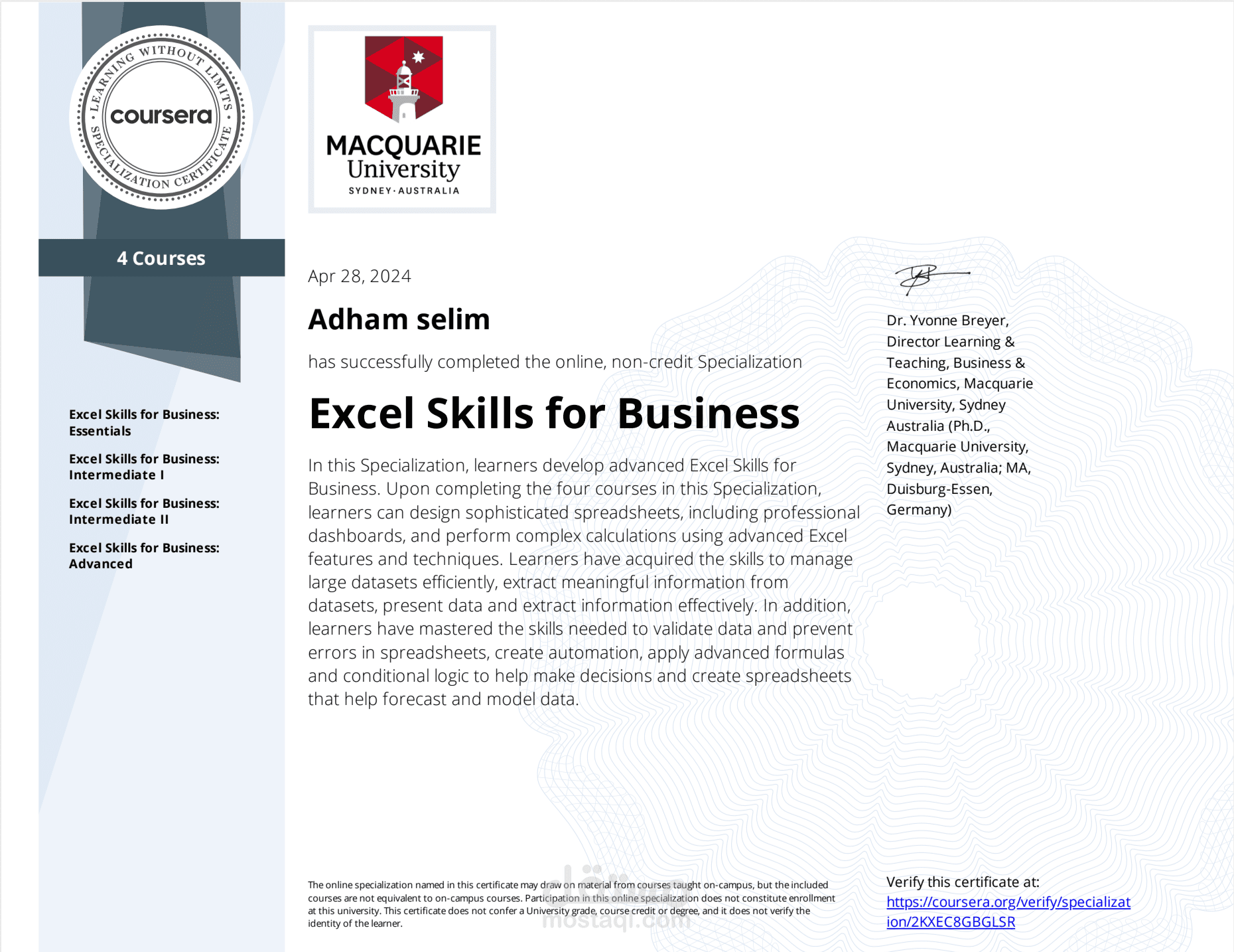 Excel course completion certificate | مستقل
