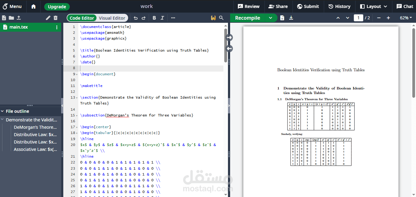 Boolean Algebra Proofs and Truth Table Verification in LaTeX | مستقل