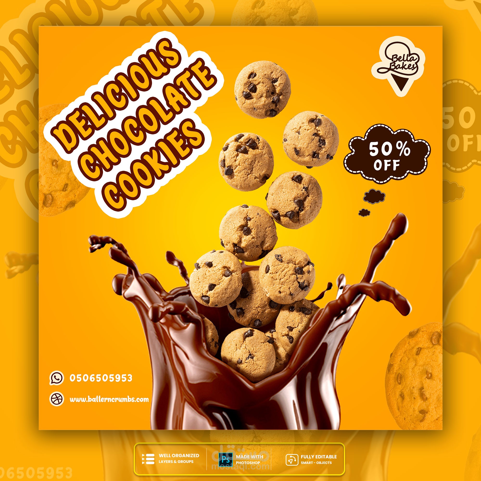 Chocolate Chip Cookies SOCIAL MEDIA POST DESIGN | مستقل